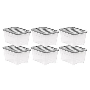 Amazon Basics 32 Quart Stackable Plastic Storage Bin with Latching Lid- Clear/ Grey- Pack of 6