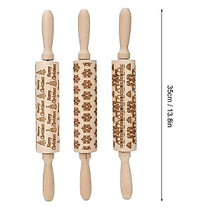 3Pcs Rolling Pin, Embossing Wooden Rolling Pin 3D Engraved Rolling Pin Cute Patterns Dough Roller (English Christmas tree + snowflake + pair of deer)
