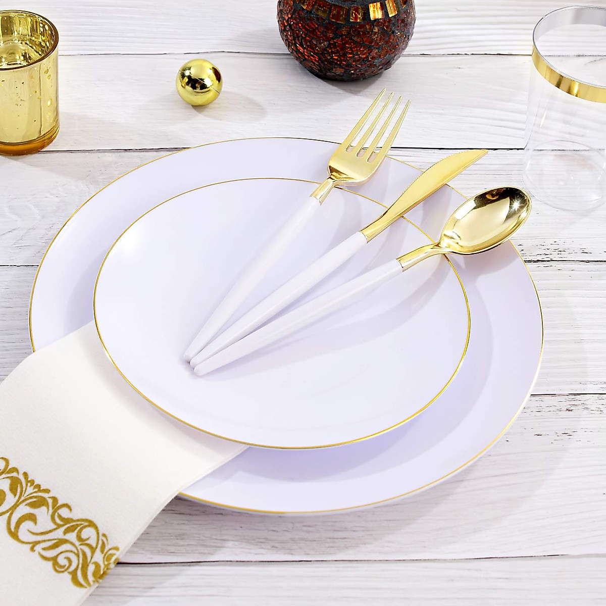 Nervure 140PCS White and Gold Plastic Plates & Disposable Gold Plastic Plates - 20 Dinner Plates, 20 Dessert Plates, 60 Gold Plastic Silverware, 20 Cups, 20 Napkins for Weddings & Party