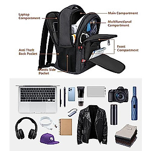 Skaypibs Backpack for Men Women, School Backpack, Travel Work Business Backpacks with USB Charging Port, College Backpack Anti-Theft Water Resistant School Bookbag, Fits 15.6 Inch Computer, Black