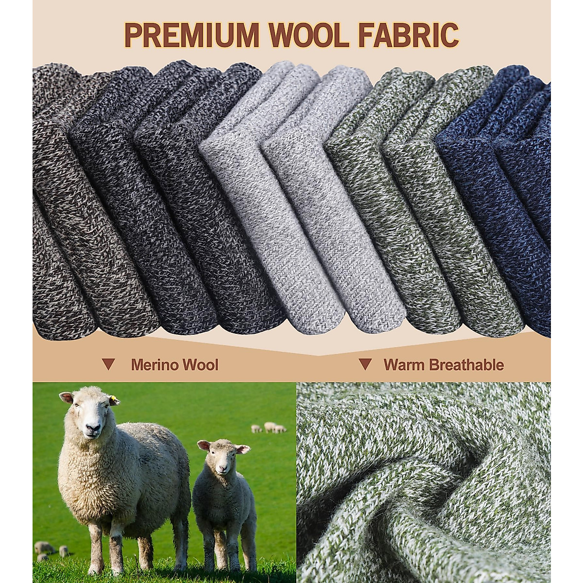 Yeblues 5 Pairs Merino Wool Socks Mens, Thick Warm Winter Socks, Hiking Socks Soft Casual Socks for Men，SIZE 6-13