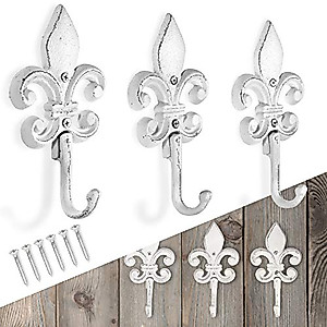 Decorative Hooks Shabby Chic Decor (3 Pack) Wall Mounted Farmhouse Decor Wall Hooks, Vintage Cast Iron Hooks for Coats, Bags, Hats, Towels - with Mounting Hardware (Simple Fleur De Lis Antique White)