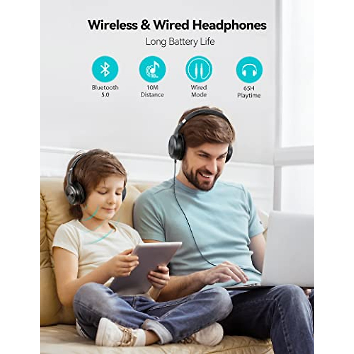 TECKNET Wireless Bluetooth Headphones Over Ear, 65H Playtime Foldable cordless headphones with Soft Ear Cups,Built-in Mic, Deep Bass Hi-Fi Stereo Lightweight Earphones for PC, Cell Phone, Laptop-Black