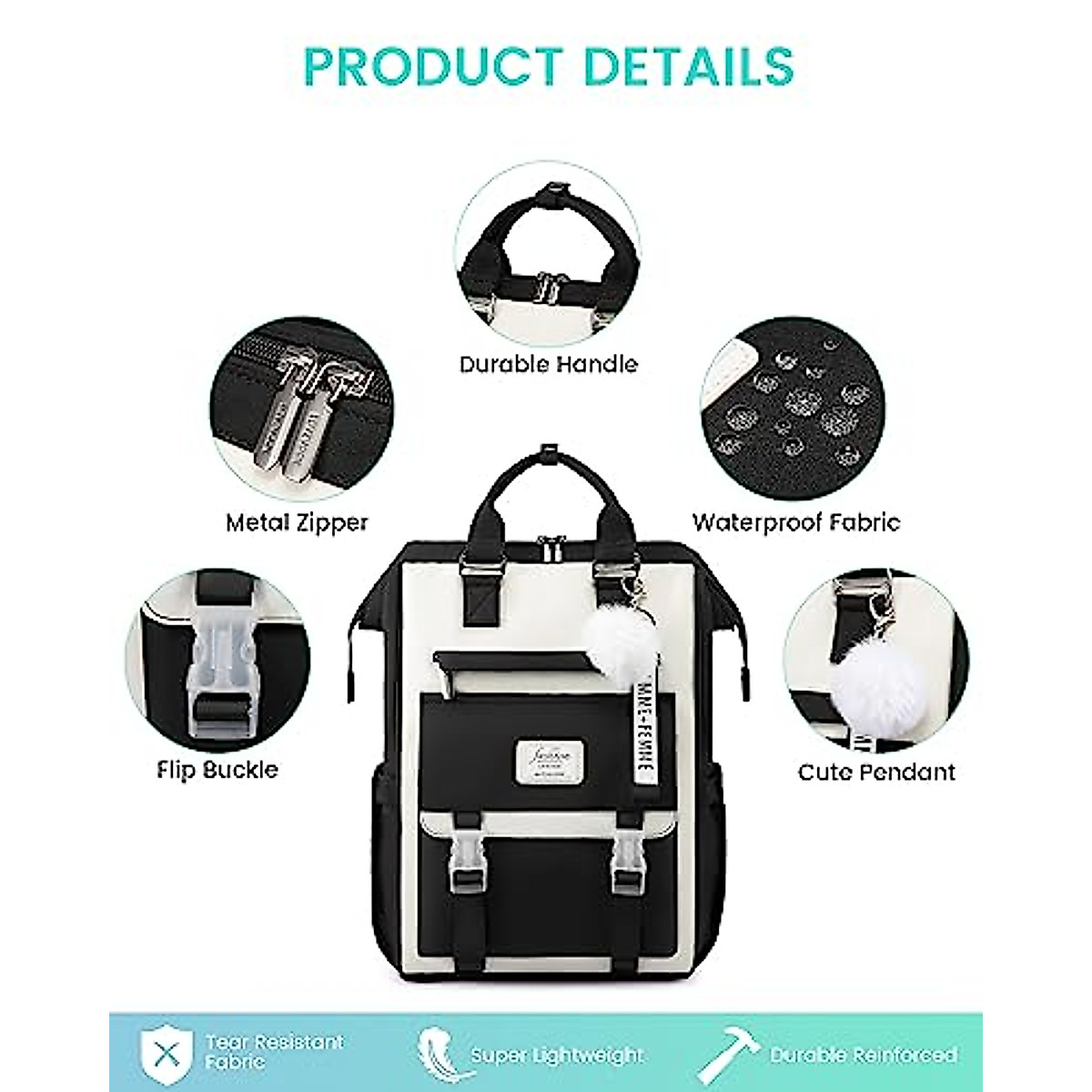 LOVEVOOK Laptop Backpack for Women,15.6 Inch College Backpack,Light Weight Travel Backpack Waterproof Casual Daypack Computer Backpack fits Travel Work Casual（15.6 inch,Black&Beige）