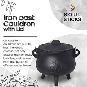 SOUL STICKS Reusable 6 Cast Iron Cauldron with Lid and Hanging Handle for Spell Casting, Smudging, Ritual & Blessings Pot Belly Witchcraft (Tree of Life)