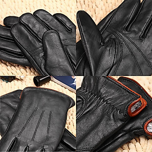 MaxW Autumn Winter Mens Leather Gloves Black Touchscreen Sheepskin Gloves Soft Warm Driving Cycling Mitten Faux Rabbit Fur Lining L