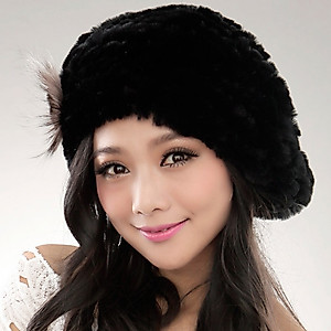 URSFUR Winter Women's Rex Rabbit Fur Beret Hats with Fur Flower (Black)