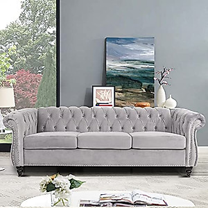 PHOYAL Large Sofa, Velvet Sofa Three-seat Sofa Classic Tufted Chesterfield Settee Sofa Modern 3 Seater Couch Furniture Tufted Back for Living Room (Grey)