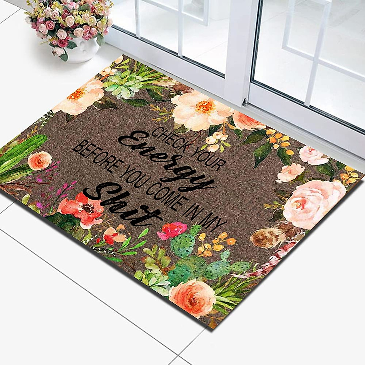 Funny Doormat Custom Indoor Doormat -Check Ya Energy Before You Come In This House Funny Front Door Mats Home and Office Decorative Entry Rug Garden/Kitchen/Bedroom Mat Non-Slip Rubber 23.6 x15.7 Inch