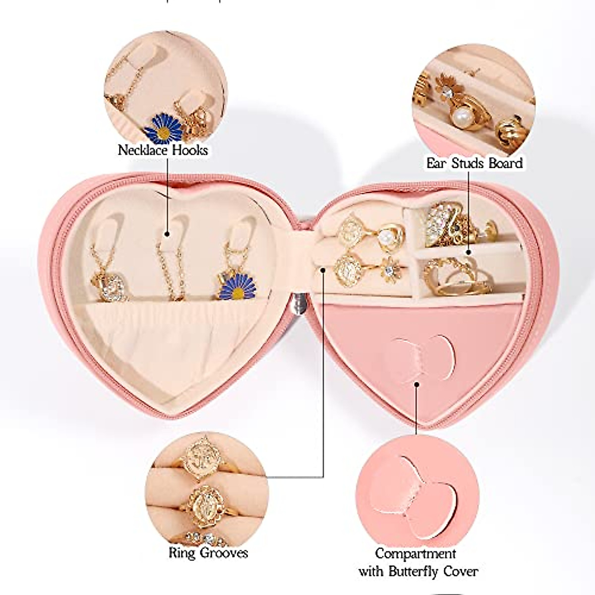 Dajasan Mini Travel Jewelry Case Portable Travel Jewelry Organizer Small Heart-shaped Leather Jewelry Box for Women Girls (Pink)