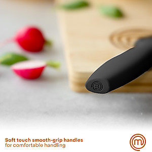 MasterChef Kitchen Knives Set of 3, Small Knife Set for Home Cooking, RV or Camping, Extra Sharp Cutting, Non Stick Coated Stainless Steel Blades & Soft-Touch Easy-Grip Handles, Black with Captions