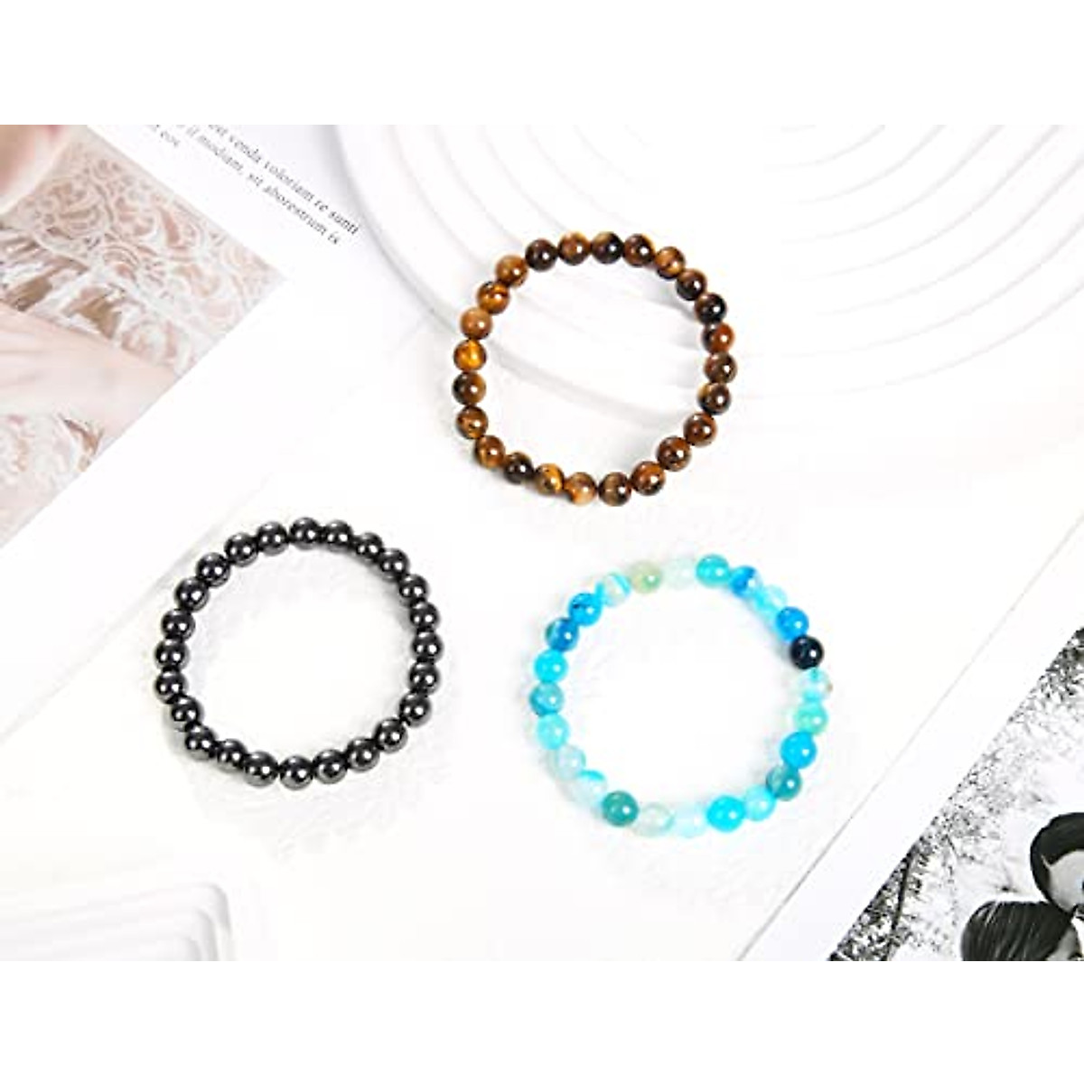 Leocuci 12PCS 8mm Semi-precious Beaded Bracelets for Men Women Healing Stretch Round Bead Crystal Gemstones Bracelets