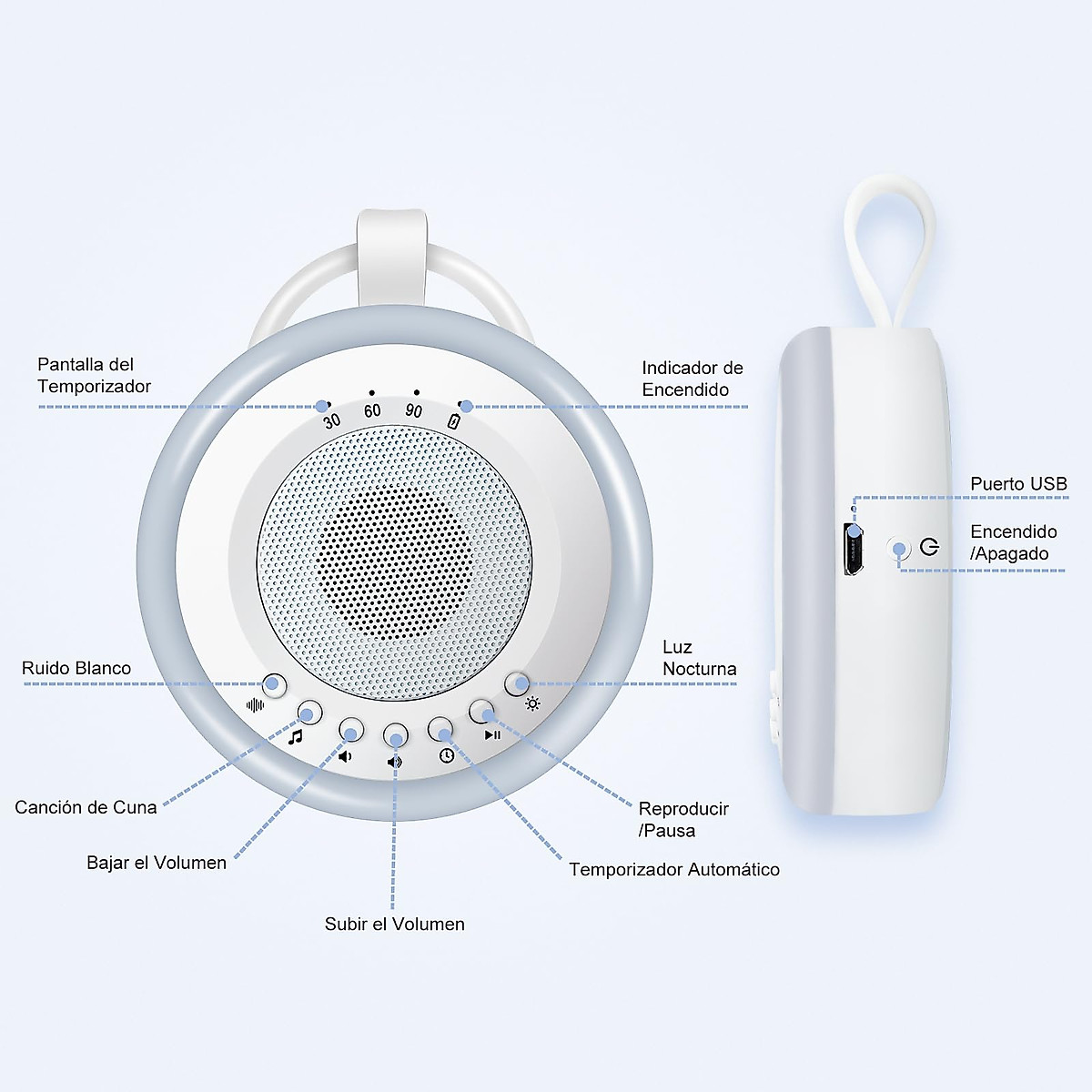 Easy@Home White Noise Sound Machine: Portable 2 in 1 Soother Night Light for Baby - 16 Soothing Lullaby Sounds - Sound Therapy for Home - USB Rechargeable GM-02