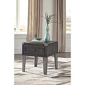 Signature Design by Ashley Todoe Industrial Square End Table with 1 Drawer, 2 Outlets and 2 USB Charging Ports, Dark Gray with Weathered Pine Finish