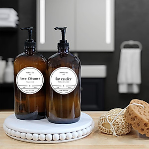 32-Ounce Amber Glass Lotion Pump Bottles (2-Pack); Quart Size Brown Bottles w/Black Plastic Locking Pump Dispensers; Includes Chalk Labels