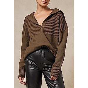 Women's 2023 Fall Casual Oversized Pullover Sweaters Lapel Collar V Neck Long Sleeve Ribbed Knit Jumper Tops Brown M