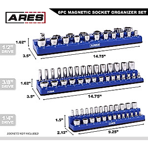 ARES 60058-6-Pack Set Metric and SAE Magnetic Socket Organizers -Blue and Red -1/4 in, 3/8 in, 1/2 in Socket Holders -143 Pieces of Standard (Shallow) and Deep Sockets -Organize Your Tool Box