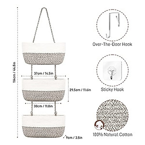 AivaToba Over Door Hanging Basket, 3-Tier Wall Mount Hanging Cotton Rope Storage Organizer, Decorative Storage Basket for Living Room (Brown)