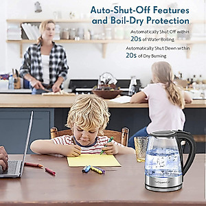 MEGAWISE 1.8L Healthy Electric Kettle, 1000W Borosilicate Glass Tea Kettle with Food Grade Material, Auto Shut-Off and Boil-Dry Protection Cordless Kettle Fast Boiling, BPA Free