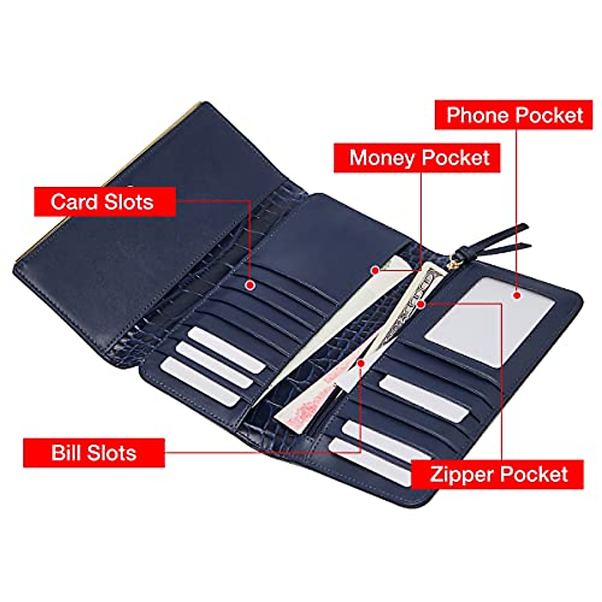 Leather Clutch Wallet for Women, Crocodile Pattern Split Cowhide Gift Box Packing Ladies Clutch Purses with Zipper Coin Pocket Rfid Blocking Womens Trifold Evening Wallet (Blue)