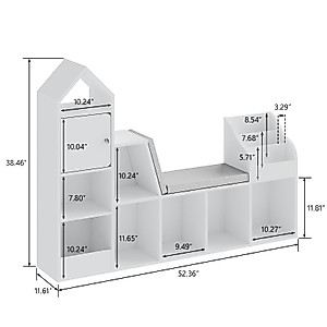 Vabches Kids Reading Nook with Bench - Bookshelf & Bookcase with Seat Cushion, 7 Opening Storage Cubbies, 3-Tier File Organizers, Toy Storage Box & Chest for School, Study, Playroom & Bedroom.