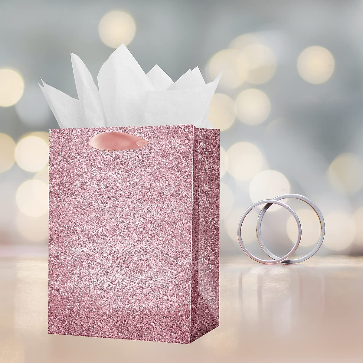 UNIQOOO 12Pcs Embossed Pink Glitter Gift Bags with 24 Tissue Paper Bulk, M 9x7 In, Rose Gold Gift Wrap Bags, Wedding Bridal Favor Bag Gift Packaging, For Christmas, Baby Shower Birthday Holiday Party