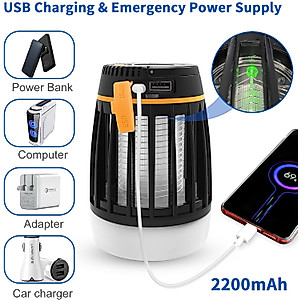 Mosquito Killer, 3 in 1 Bug Zapper,Waterproof Insect Fly Trap for Outdoor & Indoor,LED Lantern, Emergency Power Supply 2000mAh for Home, Camping, Gnats, Backyard, Patio, black, CH16-130