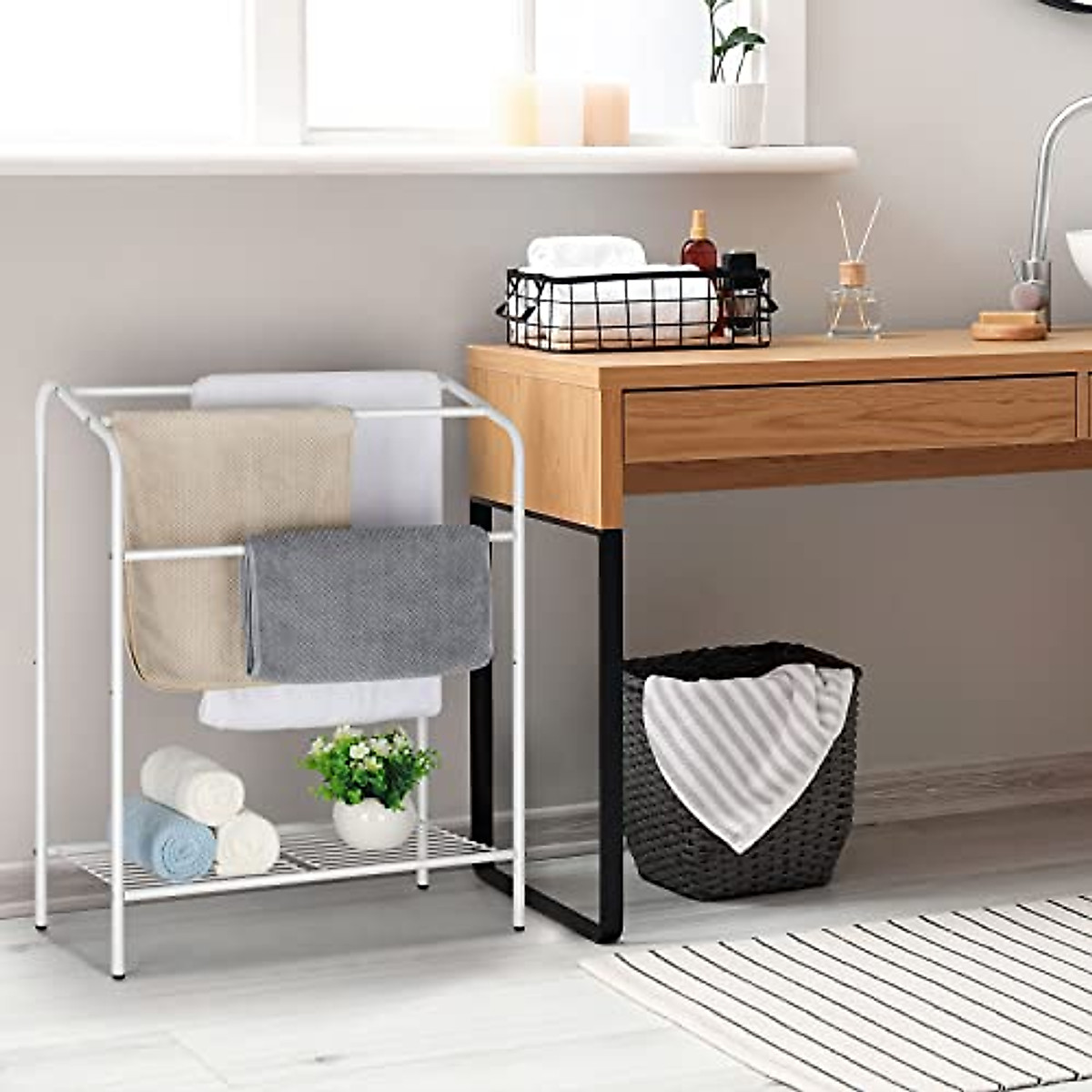 Freestanding Towel Rack White Floor Towel Rack Stand 3 Tier Bath Towel Stand Towel Bar Stand with Shelf Modern Blanket Rack Stand for Living Room Bathroom, Laundry