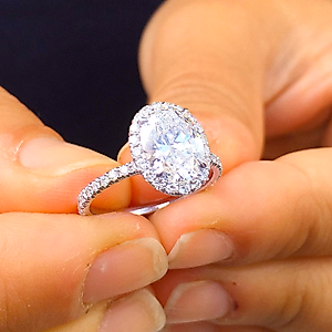 14k Solid White Gold Oval and Round Cut Simulated Diamond Engagement Ring Halo Art Deco Bridal Set Half Eternity Wedding Anniversary 2.50ct