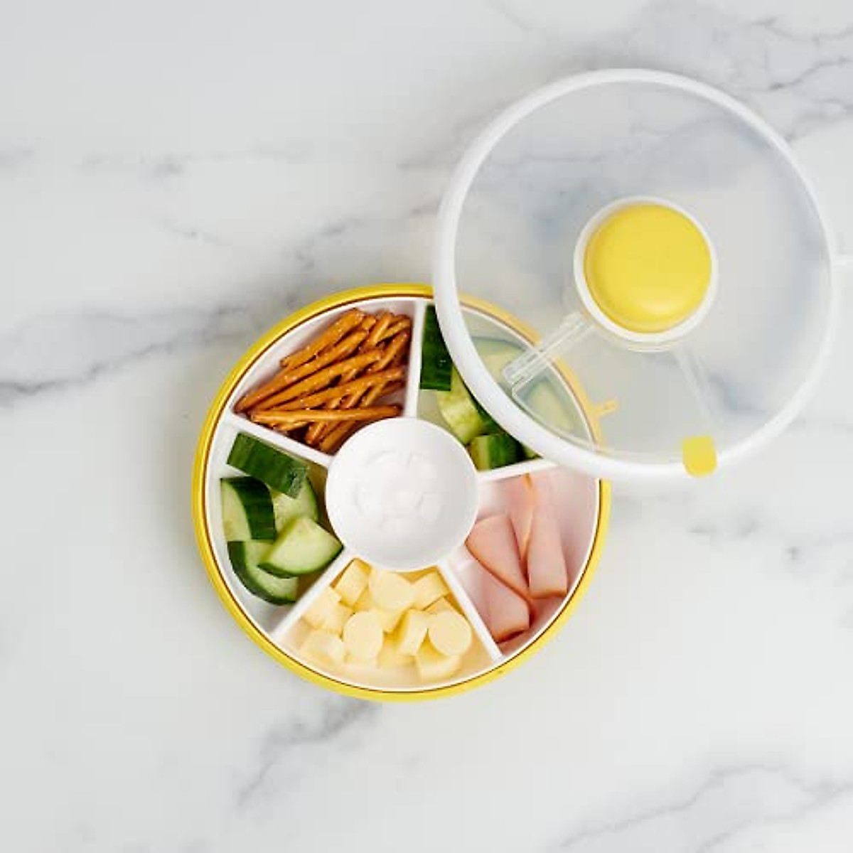 GoBe Kids Snack Spinner Bundle with Hand Strap and Sticker Sheet - Reusable Snack Container with 5 Compartment Dispenser and Lid | BPA and PVC Free | Dishwasher Safe | No Spill, Leakproof