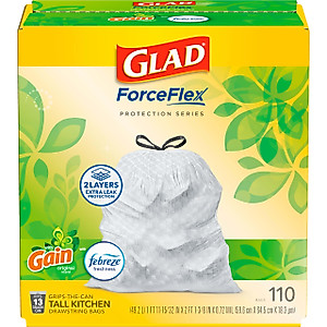 GLAD ForceFlex Tall Kitchen Drawstring Trash Bags, 13 Gallon White Trash Bag for Kitchen Trash Can, Gain Original Scent, Odor Shield, Odor Eliminator, Leak Protection, 110 Count