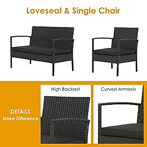 Tangkula 4 Piece Patio Rattan Conversation Set, Outdoor Wicker Sofa Furniture Set W/Loveseat & 2 Single Chairs, Acacia Wood Tabletop, Outside Sectional Set for Poolside, Deck, Garden (1, Black)