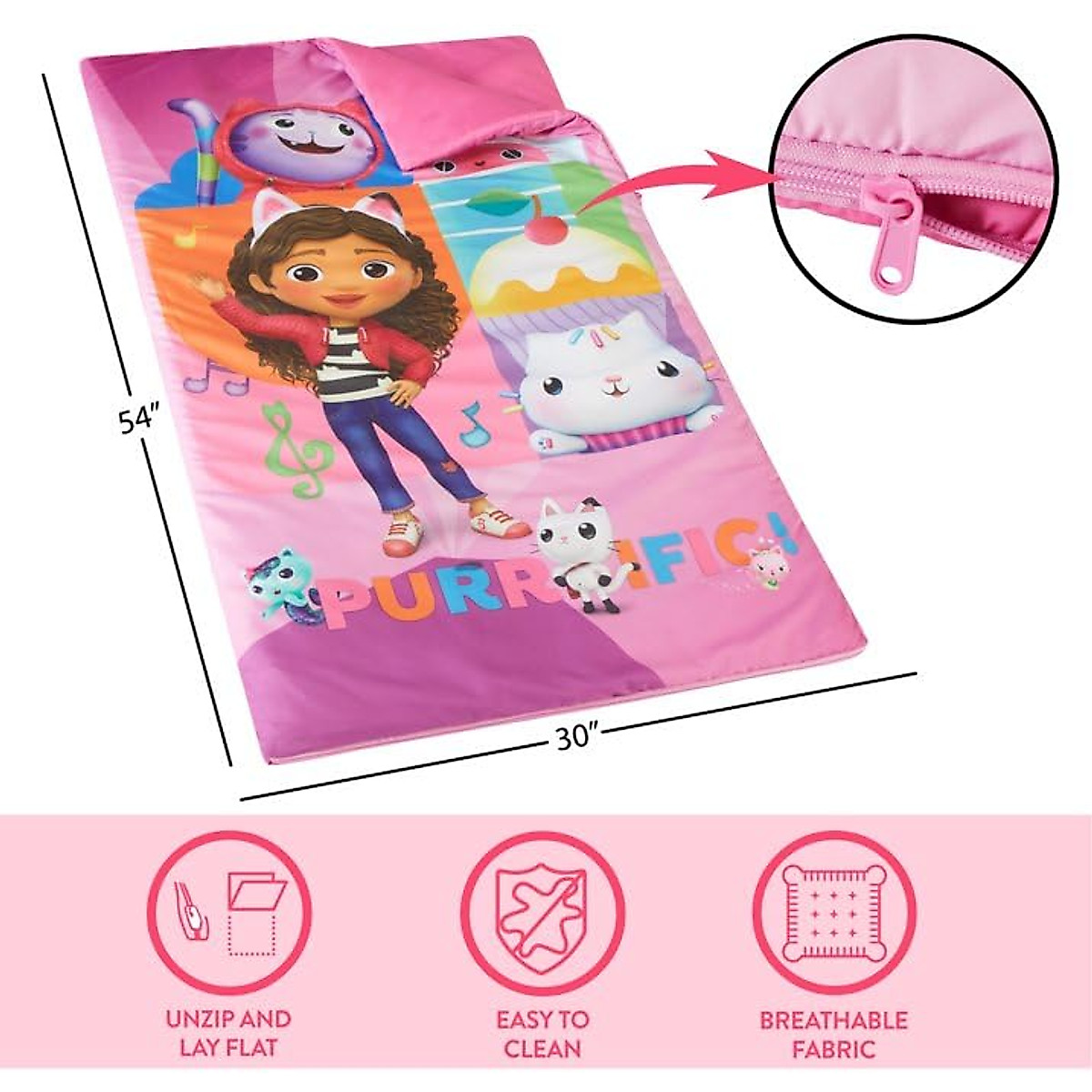 Gabbys Dollhouse 2 Piece Sleeping Slumber Bag and Squishy Pillow,54"x30",Ages 3+