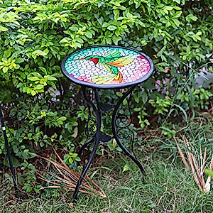 LIFFY Outdoor Mosaic Side Table Hummingbird Garden End Table Small Patio Round Printed Glass Table for Yard or Lawn