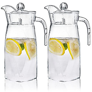 Hacaroa 2 Pack Clear Plastic Pitcher with Lid, 42 Oz Square Water Carafe with Handle, Iced Tea Pitcher Beverage Containers for Juice, Sangria, Lemonade, Heat-resistant, Shatter-proof