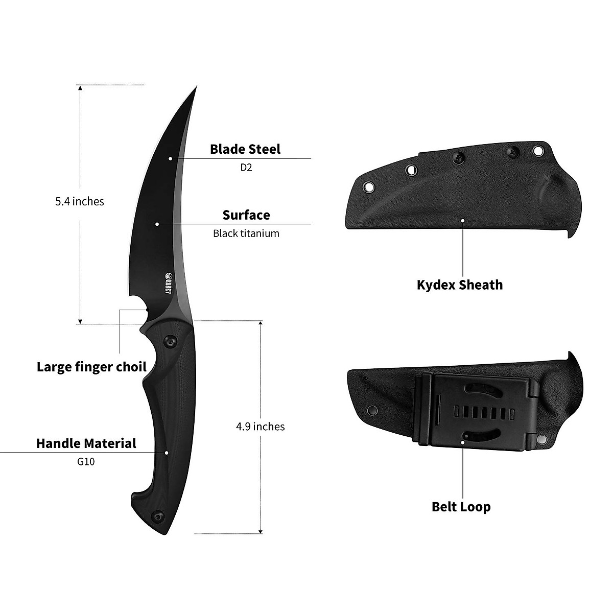 KUBEY Scimitar KU231 10.4in Fxied Blade Hunting Knives with 5.4in Trailing Point D2 Blade and G-10 Handle for Outdoor Survival Camping and Bushcraft, w/Kydex Sheath (Coating)
