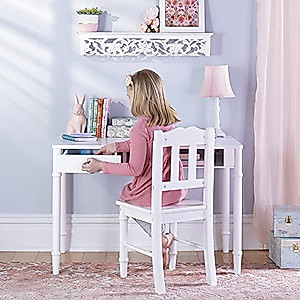 Guidecraft Dahlia Desk and Chair Set - White: Children’s Home Wooden Study Table for Computer, Homework, Writing with Storage Drawers, Kids Bedroom Furniture Workstation