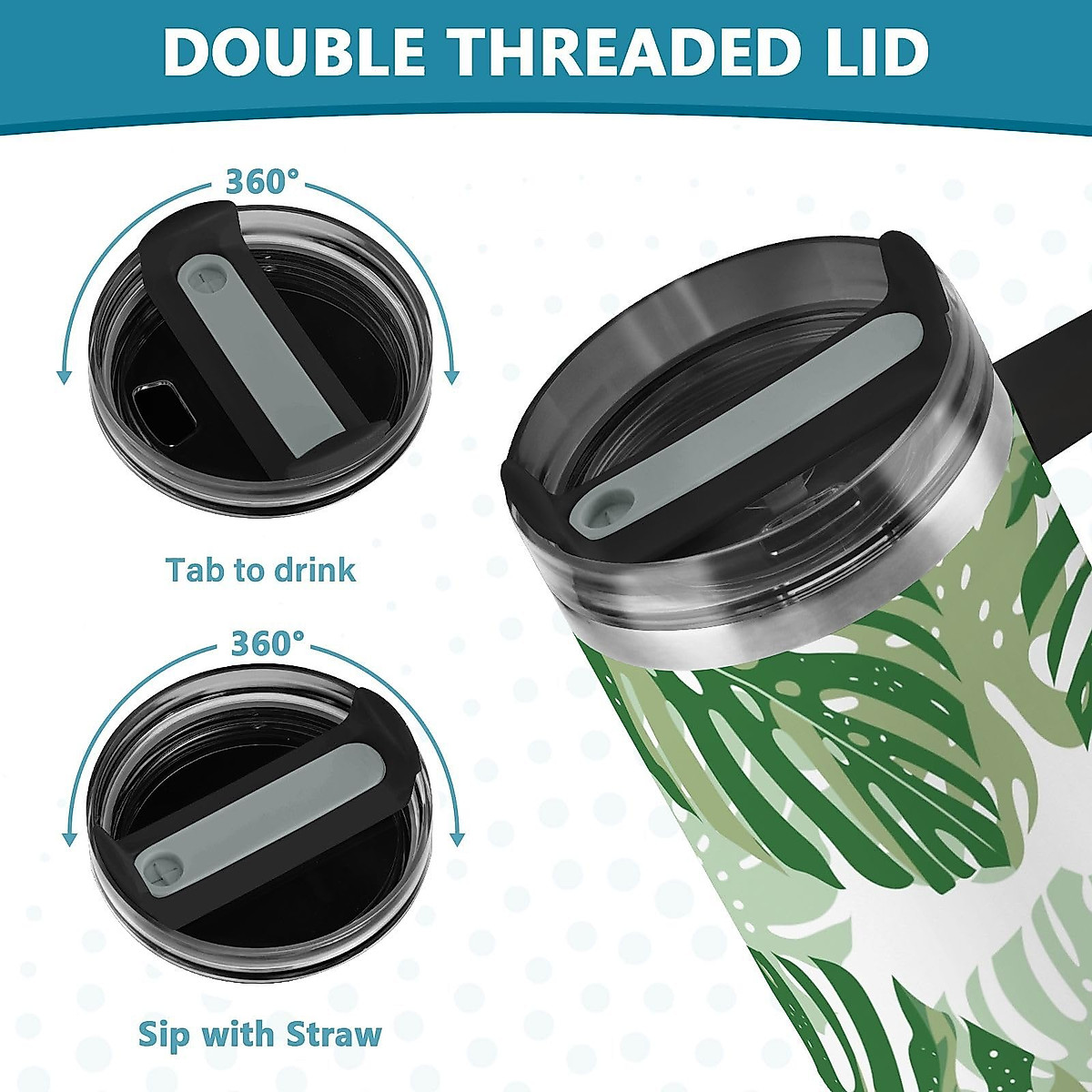 Yasala Car Tumbler with Handle Botanical Palm Leaves Travel Mug Coffee Cup Insulated Beverage Container Mega Cup for Hot Cold Drinking Thermos Water Bottle Cupholder Friendly 40 oz