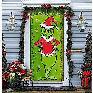 Grinch Christmas Door Cover Decorations Grinch Green Backdrop Merry Christmas Porch Sign for Indoor Outside Front Door Party Supplies