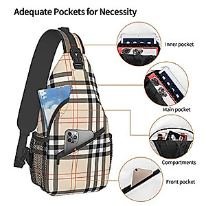 Wulilenxue Beige Check Tartan Plaid Sling Backpack, Crossbody Triangle Sling Bag Casual Chest Bags, Travel Hiking Daypack for Men Women Shoulder Bag