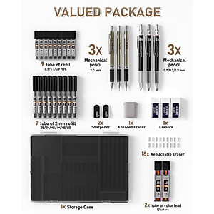 Nicpro 35PCS Art Mechanical Pencil Set, 3 PCS Metal Drafting Pencil 0.5 mm & 0.7 mm & 0.9 mm & 3 PCS 2mm Lead Holder (6B 4B 2B HB 2H 4H Colors) For Sketching Drawing With 20 Tube Lead Refills Case