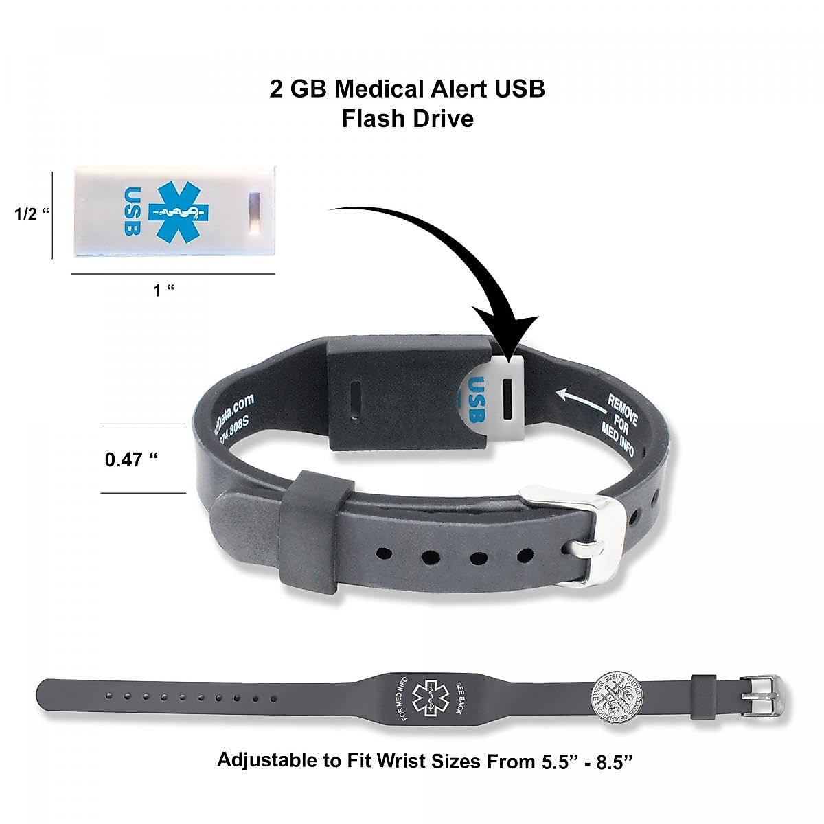 Elite II USB Medical Alert Bracelet – Hypoallergenic Silicone Wristband w/ 2GB Waterproof Flash Drive, Engraved ID Plate, and Emergency Medical Card – Access to Personal Health Record Portal, Gray