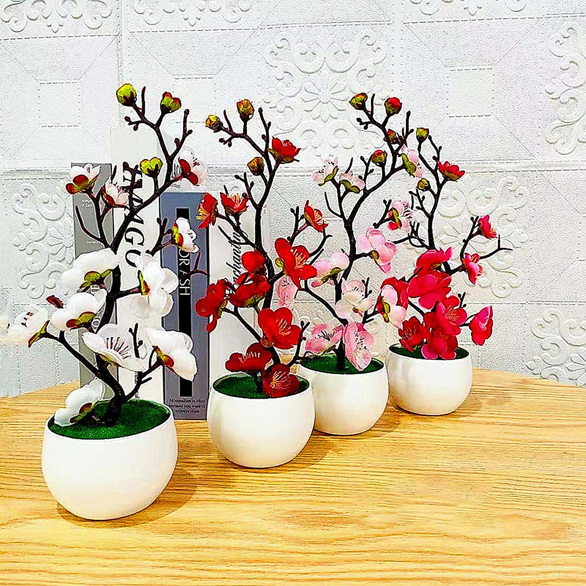 Artificial Flower in Pot Bonsai Realistic Anti Fade Faux Silk Flower Fake Plum Blossom Flower Plants Tabletops Potted Flowers Ornaments Home Hotel Garden Wedding Office Table Decoration White