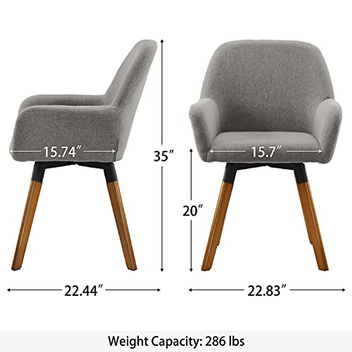 Art Leon Desk Chair No Wheels, Set of 2, Mid Century Modern Swivel Accent Chair, Linen Fabric Upholstered Office Chair Without Wheels, Solid Wood Legs, Gray