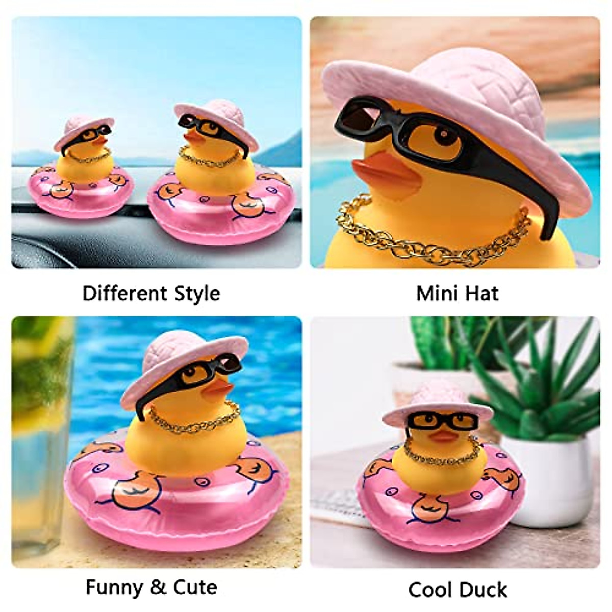 OEFWING 2PC Duck Car Dashboard Decorations Rubber Duck Car Ornaments for Truck Fun Litter Rubber Cool Duck Accessories with Mini Swim Ring Sun Hat Necklace and Sunglasses