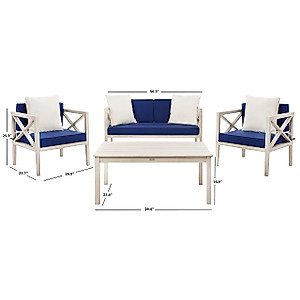 SAFAVIEH PAT7031A Collection Nunzio Teak and White and Navy 4 Pc Accent Pillows Outdoor Set