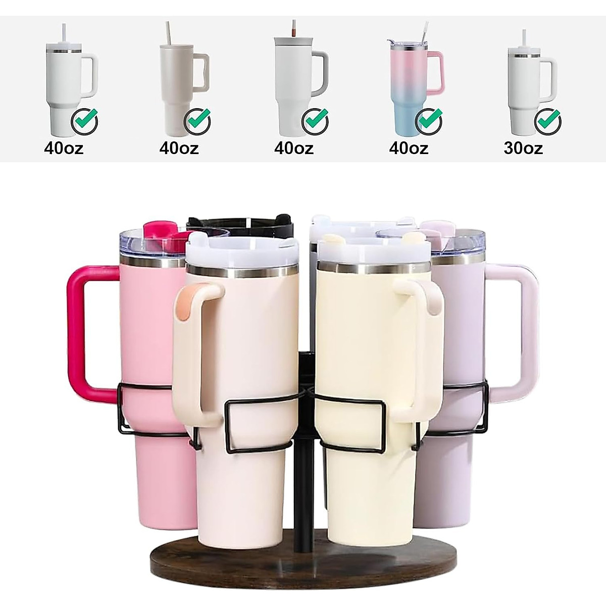 Water Bottle Organizer for Stanley 20oz 30oz 40oz Tumbler with Handle, Rotatable Stanley Cup Organizer Holder, Kitchen Organizers and Storage for Stanley Cup Accessories, Wooden Base Cup Storage Rack