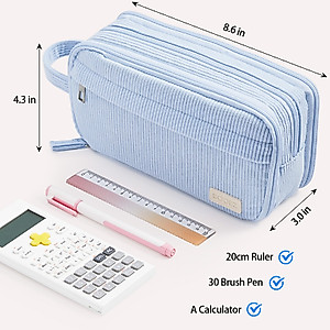 Sooez High Capacity Pencil Case, Soft Corduroy Pencil Pouch with 4 Compartments, Multiple Pockets, Large Pencil Bag with Sturdy Zipper, Cute Pencil Case Pouch Organizer for Student Teen Girls, Blue