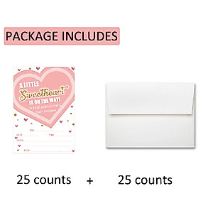 25 Sweetheart Baby Shower Invitations for Girls, Pink Baby Shower Invites with Envelopes, A Little Sweetheart is on the Way Baby Shower Fill-in Invitations Cards