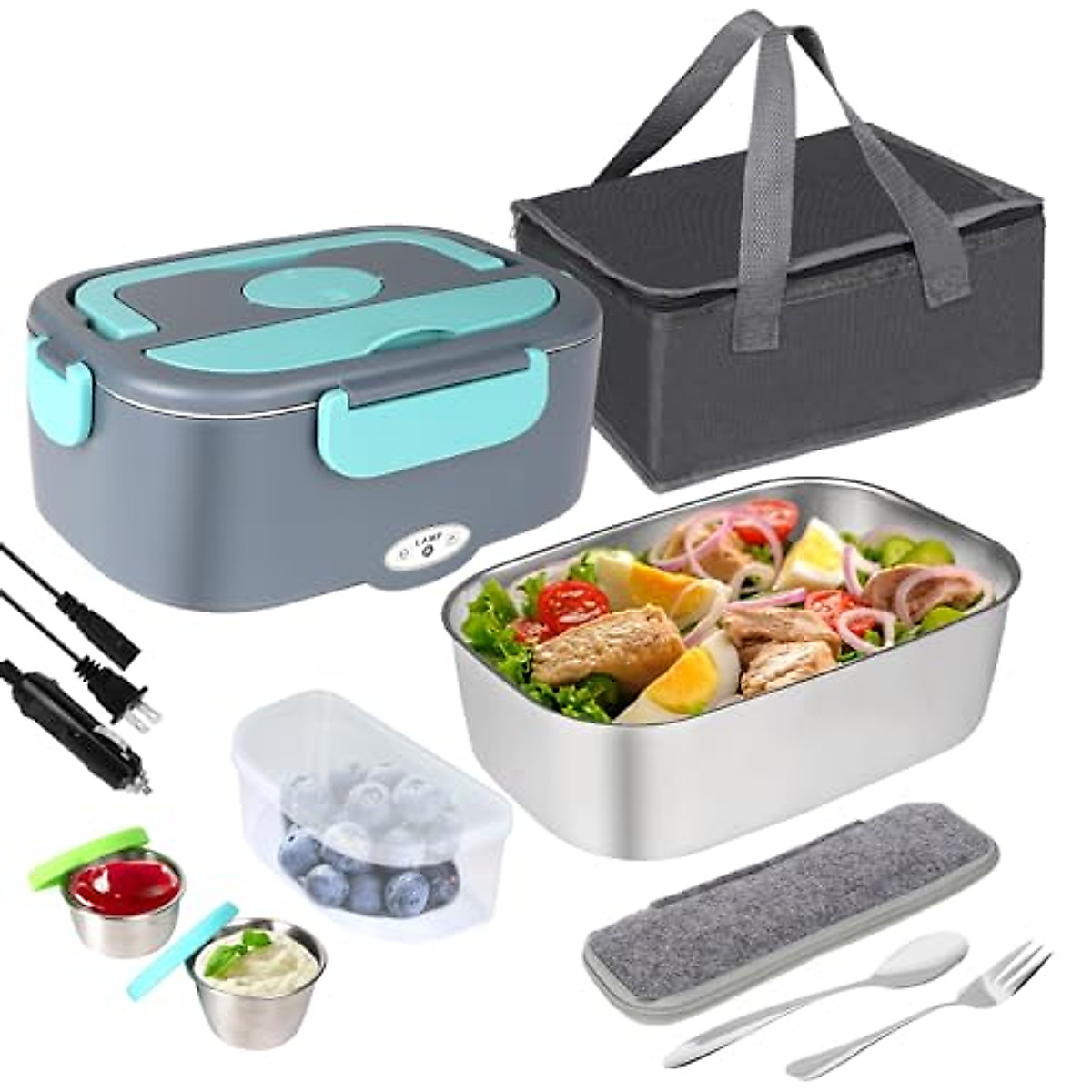 Grotreco Electric Lunch Box, Heated Lunch Box for Adults, 80W Lunch Warmer Portable for Work Car Truck, 1.5L Self Heating Lunch Box with Fork Spoon, Carry Bag